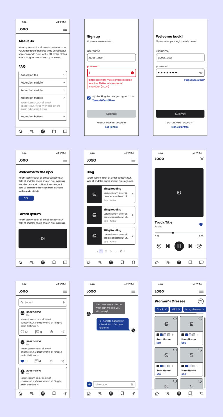 Mid-Fidelity Mobile Free Wireframe UI Kit | Theme-UI